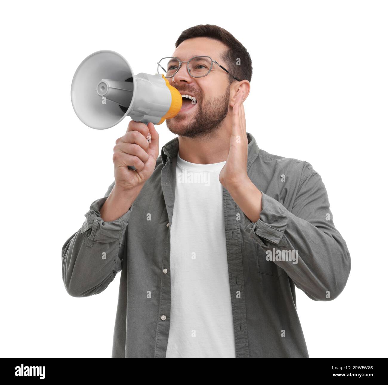 Special promotion. Man shouting in megaphone on white background Stock ...