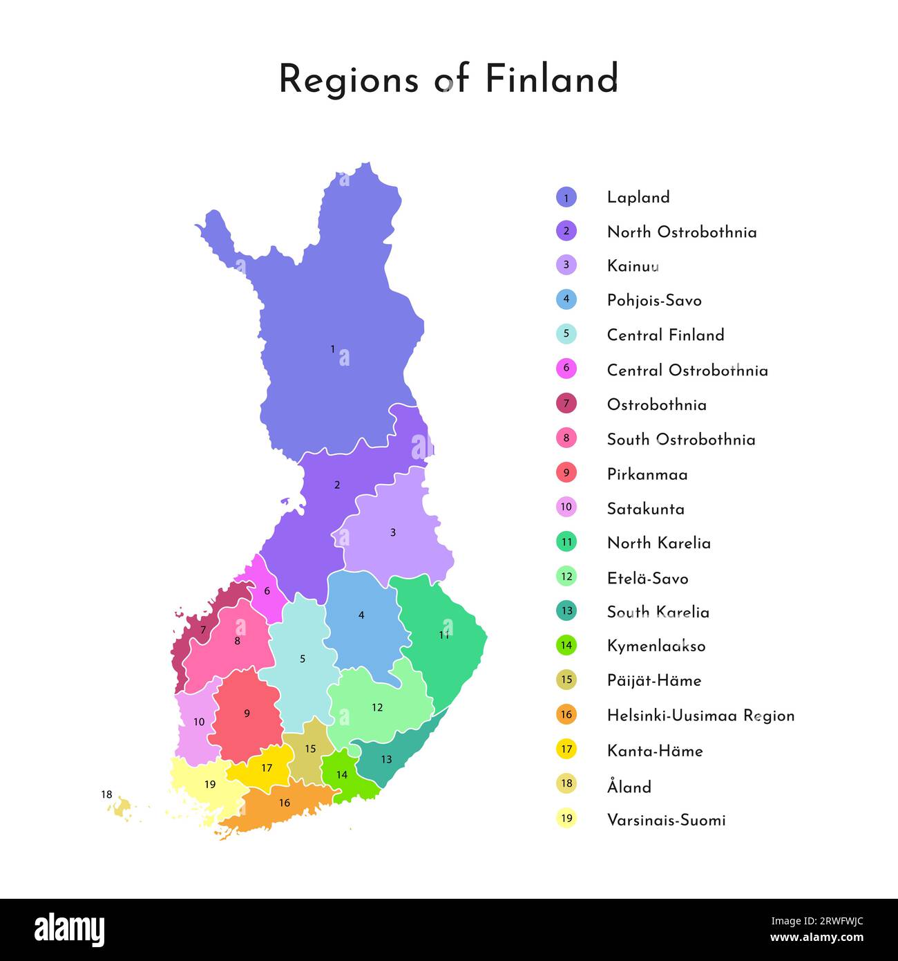 Colorful vector isolated simplified map of Finland regions. Borders of ...