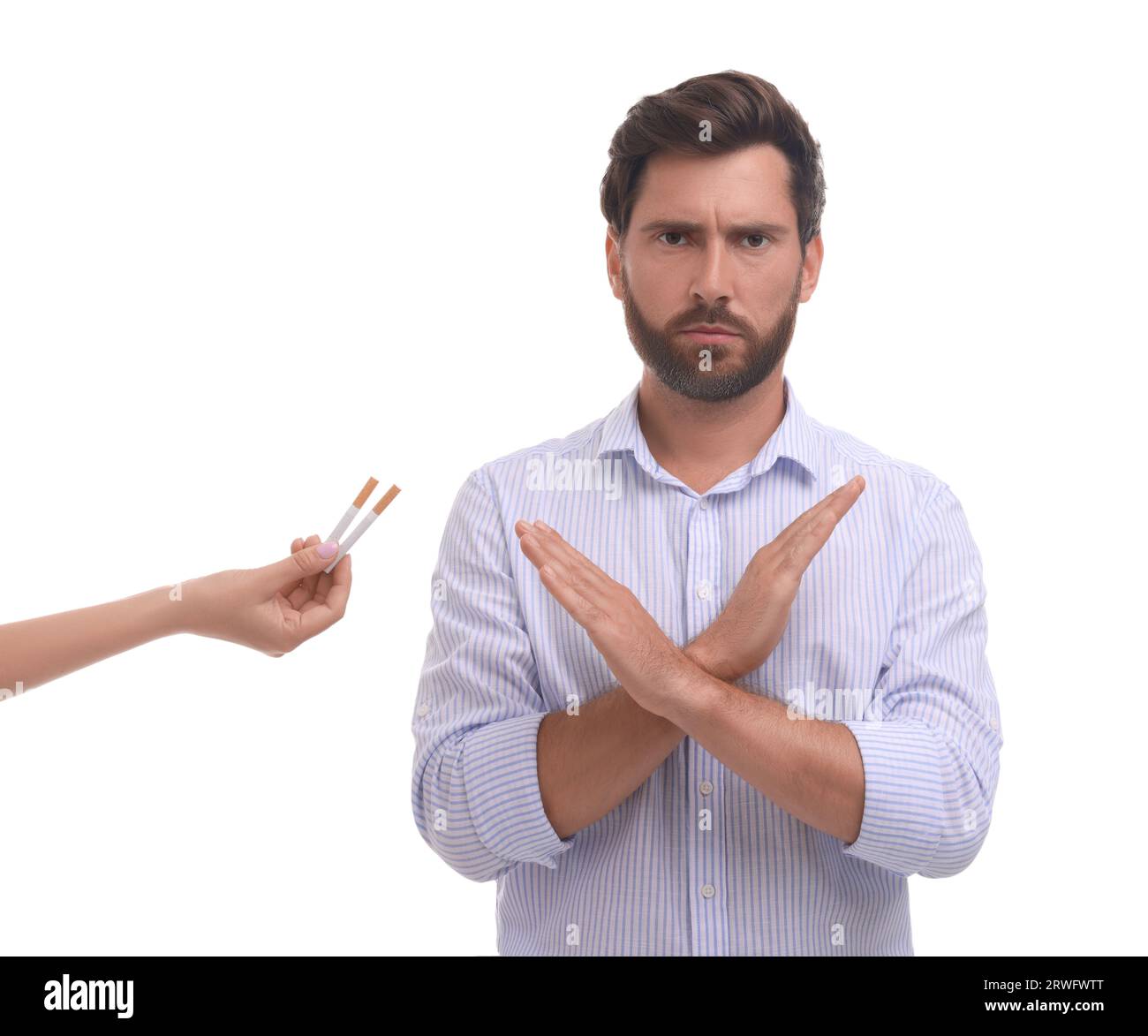 Stop smoking concept. Man refusing cigarettes on white background Stock ...