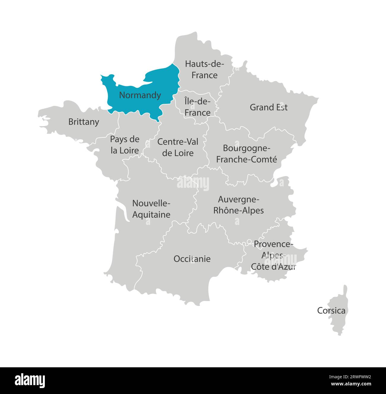Vector isolated illustration of simplified administrative map of France. Blue shape of Normandy ...