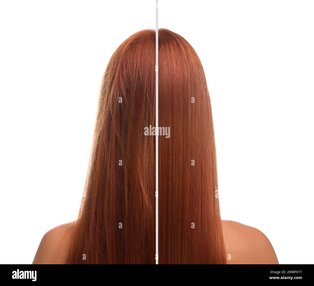 Photo of woman divided into halves before and after hair treatment on ...