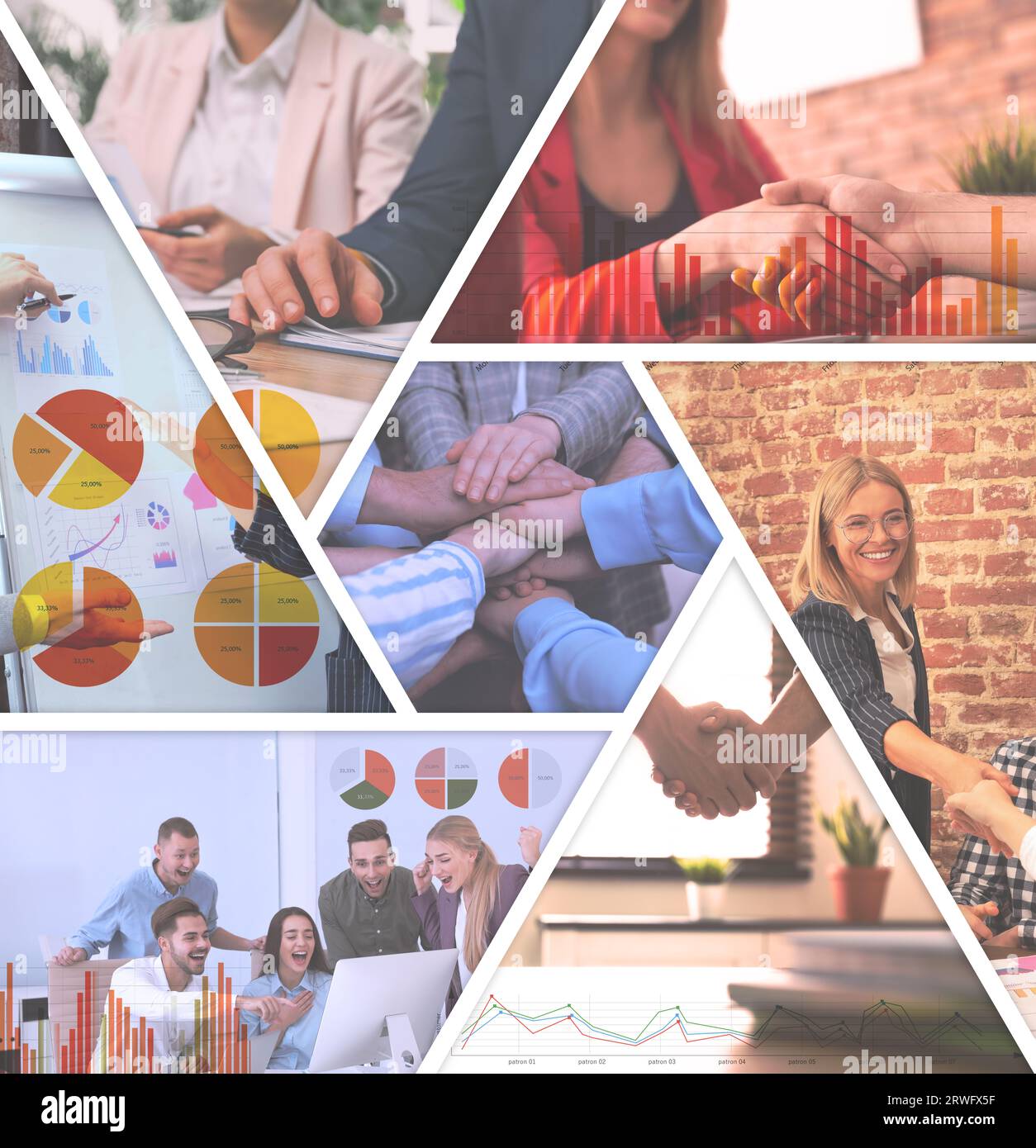 Partner, collaboration. Collage with photos of businesspeople and ...