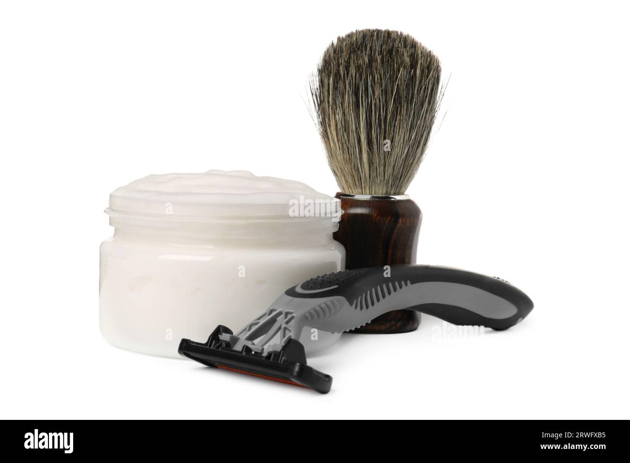 Different men`s shaving accessories on white background Stock Photo - Alamy