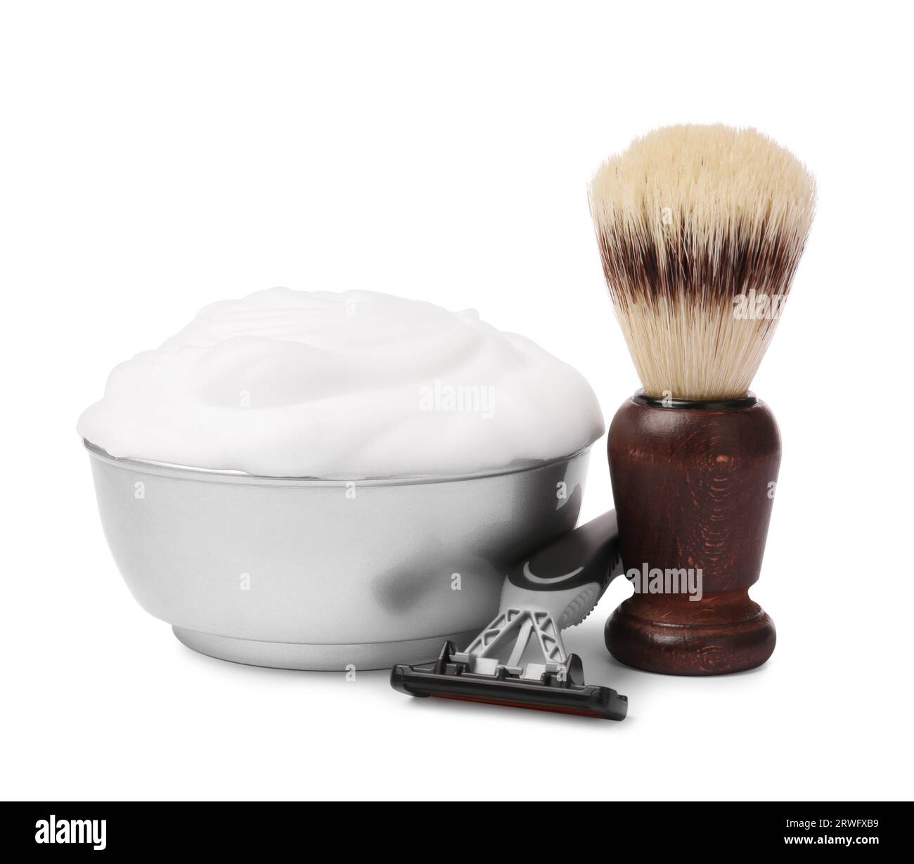 Shaving brush, foam and razor on white background Stock Photo - Alamy