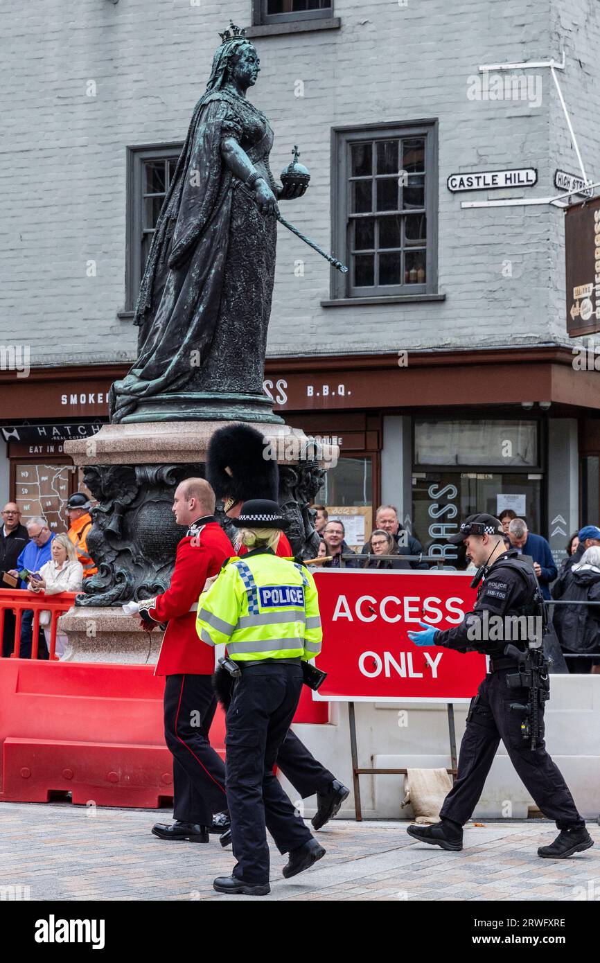 Windsor, UK. 19 September, 2023. A Grenadier guardsman is escorted to ...