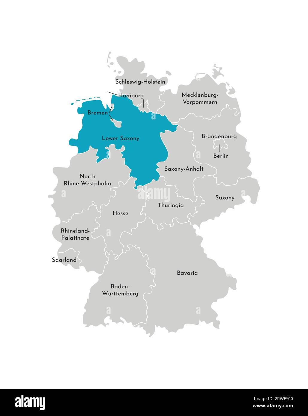 Vector isolated illustration of simplified administrative map of Germany. Blue silhouette of ...