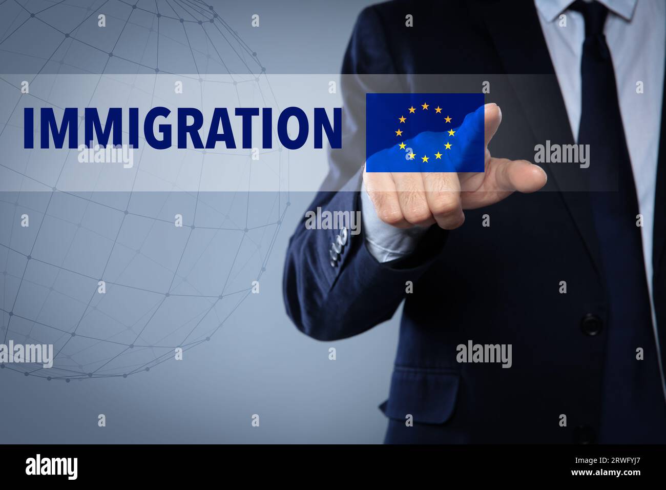 Immigration. Businessman touching digital screen with word and flag of ...