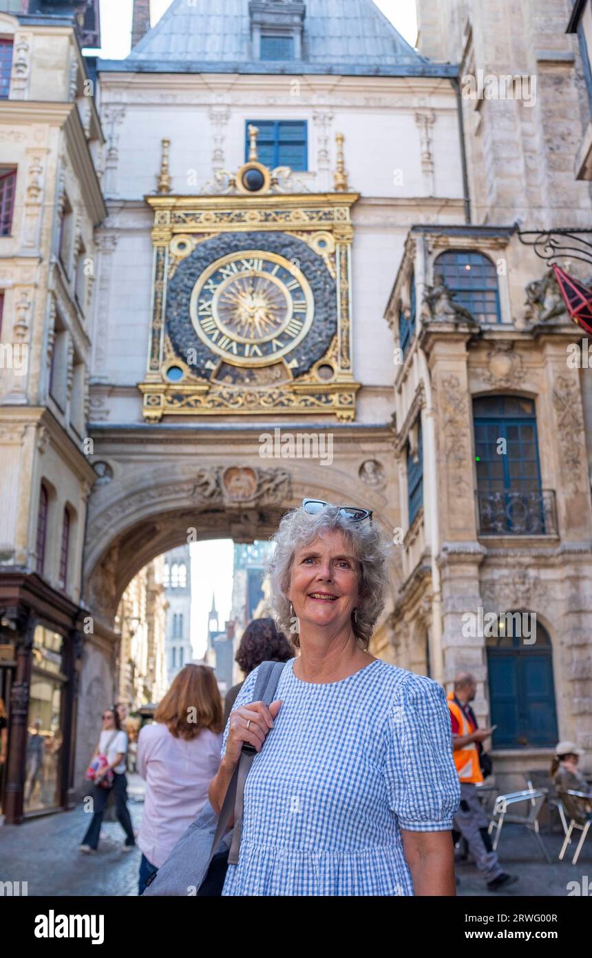 Rouen Normandy France - Female tourist below The Gros-Horloge is a 14th ...