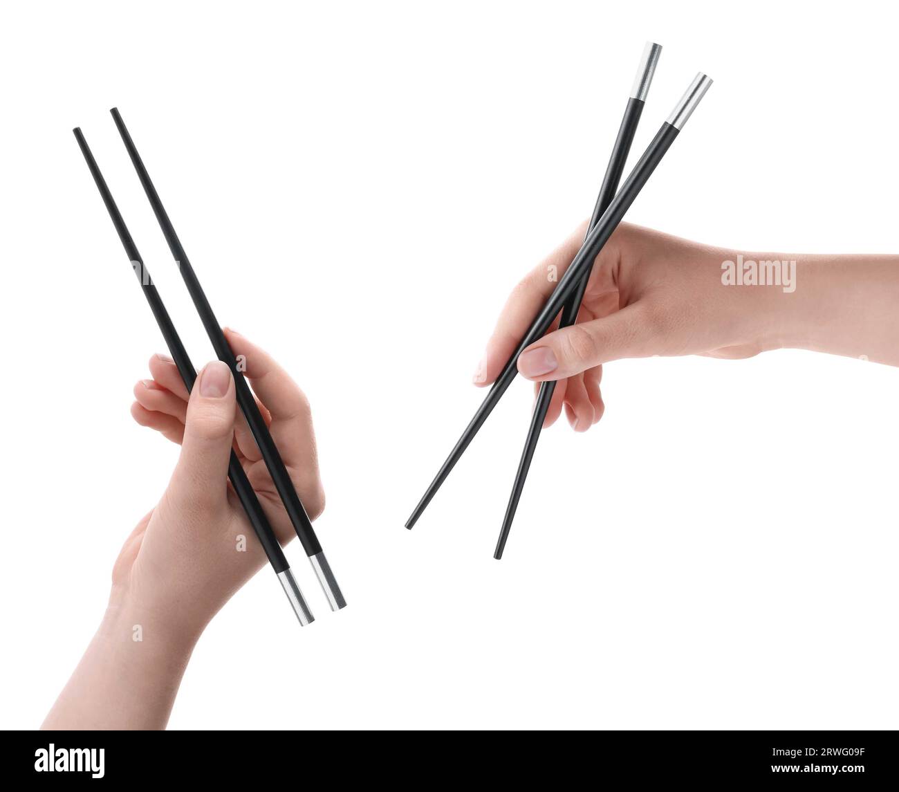 Woman holding chopsticks isolated on white, closeup. Collage with ...
