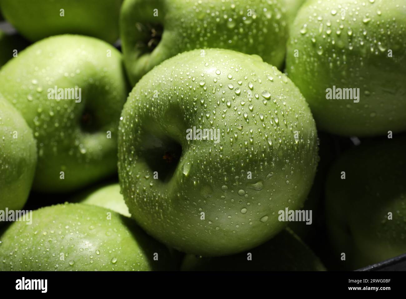 Fresh green apples with water drops as background, closeup Stock Photo ...