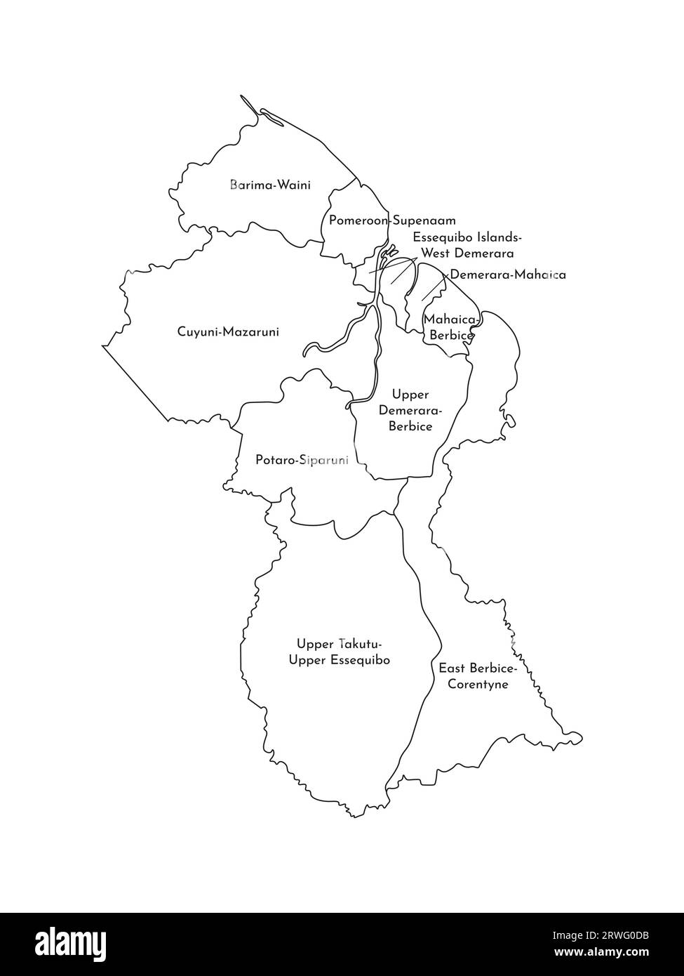 Vector isolated illustration of simplified administrative map of Guyana. Borders and names of ...