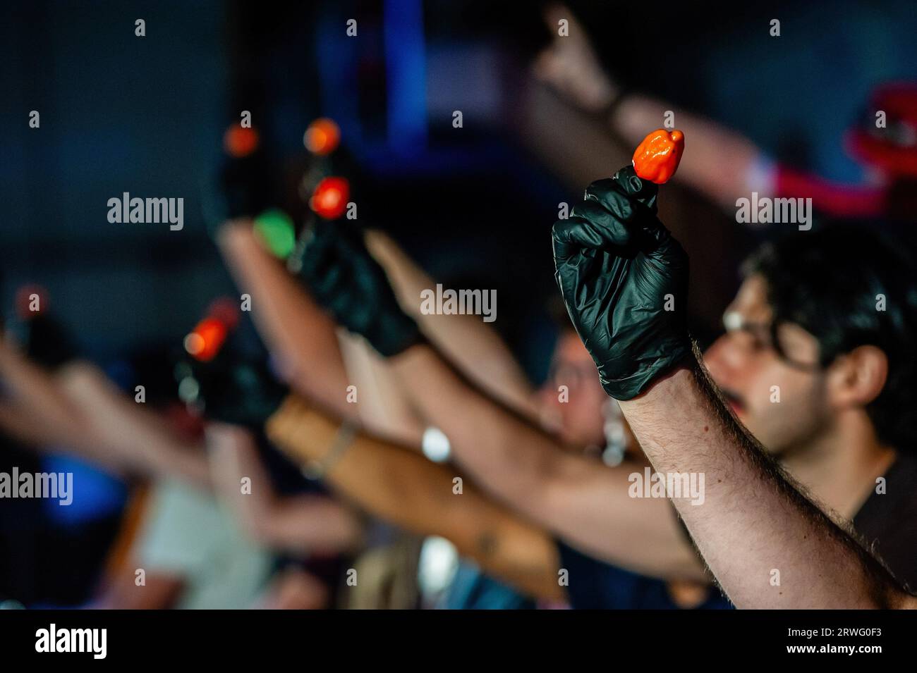 Participants are seen raising their red peppers before eating them. The ...
