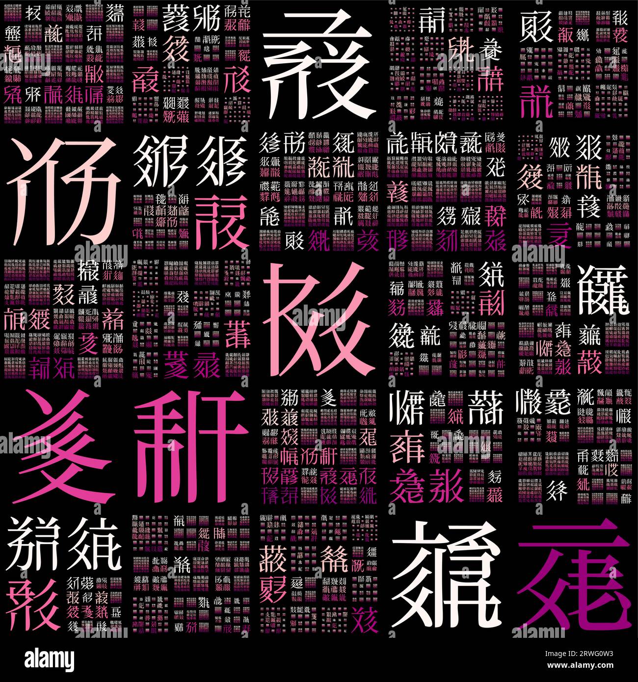 Digital cover design using random characters of old Tangut alphabet. Gradiented matrix pattern ...