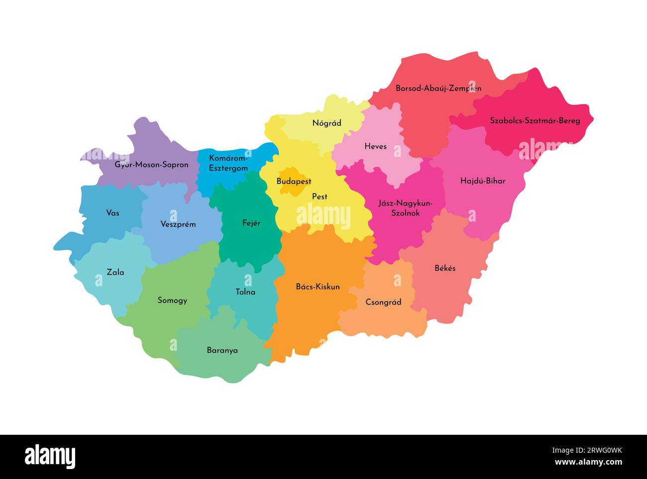 Vector isolated illustration of simplified administrative map of Hungary. Borders and names of ...