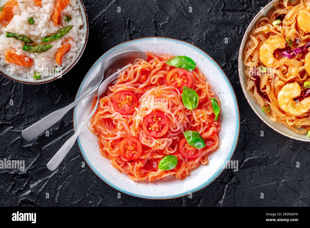 Konjac pasta and rice. An assortment of shirataki dishes, shot from ...