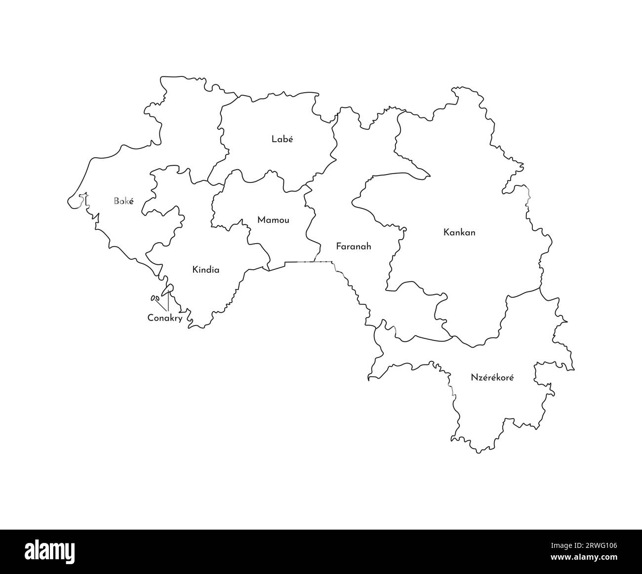 Vector isolated illustration of simplified administrative map of Guinea. Borders and names of ...