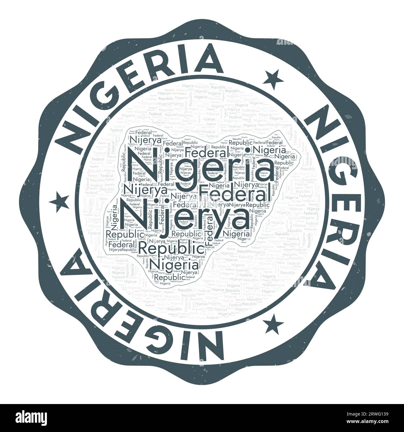 Artistic country badge with word cloud in the shape of Nigeria. Round ...