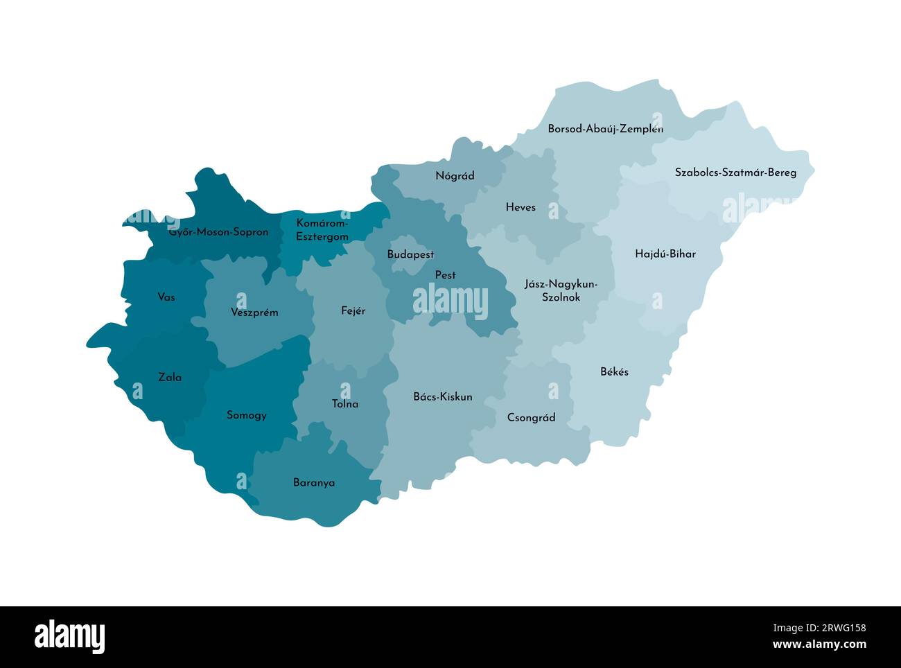 Vector isolated illustration of simplified administrative map of Hungary. Borders and names of ...