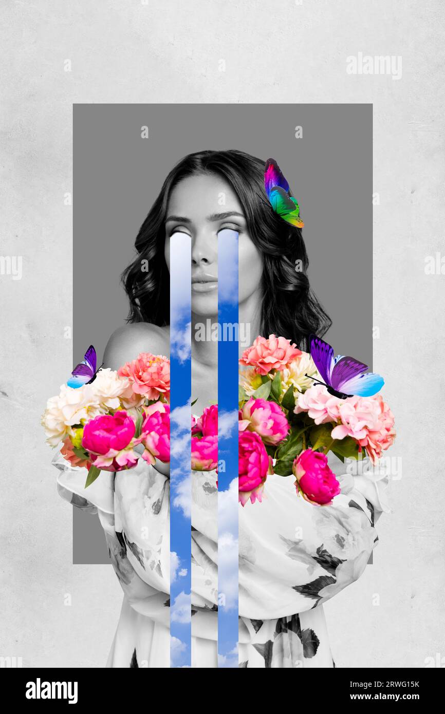 Collage artwork graphics picture of crying lady embracing flower ...