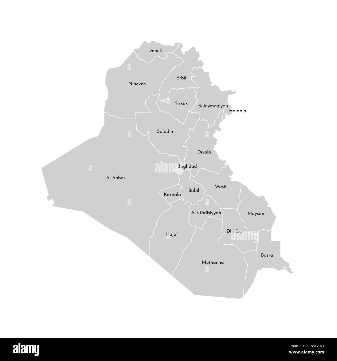 Vector isolated illustration of simplified administrative map of Iraq. Borders and names of the ...