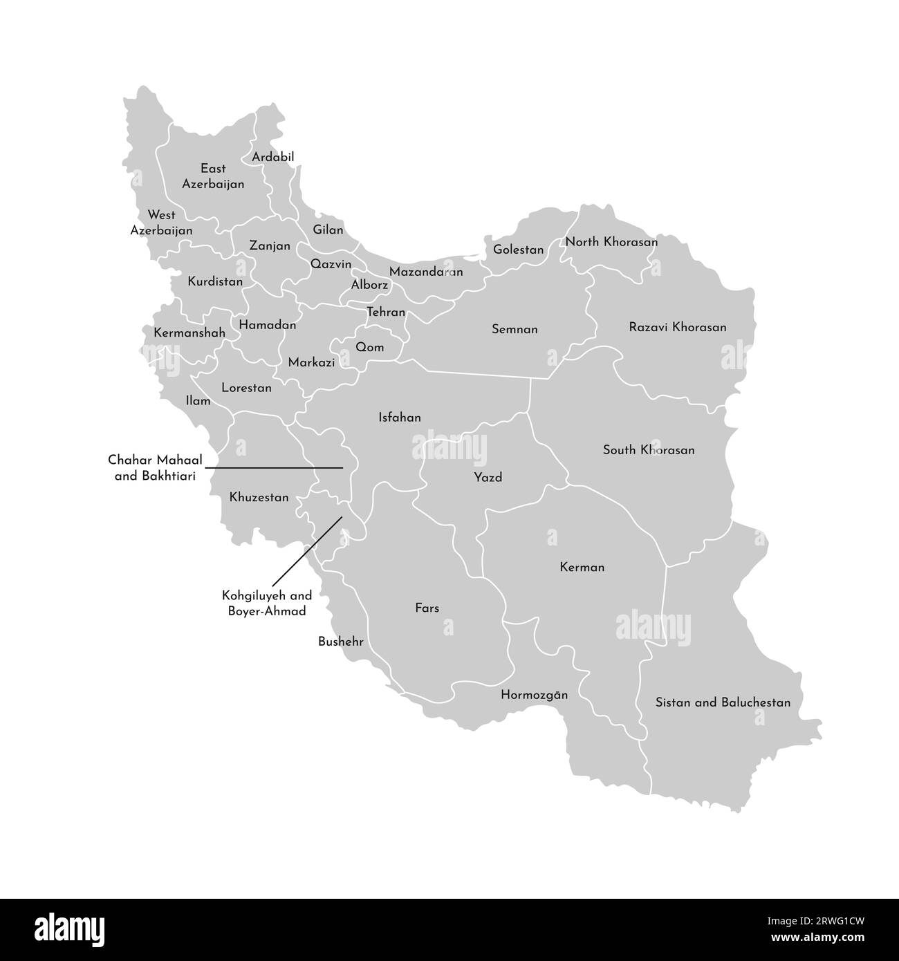 Vector isolated illustration of simplified administrative map of Iran. Borders and names of the ...