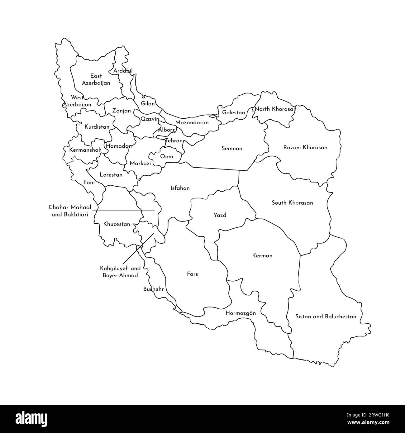 Vector isolated illustration of simplified administrative map of Iran. Borders and names of the ...