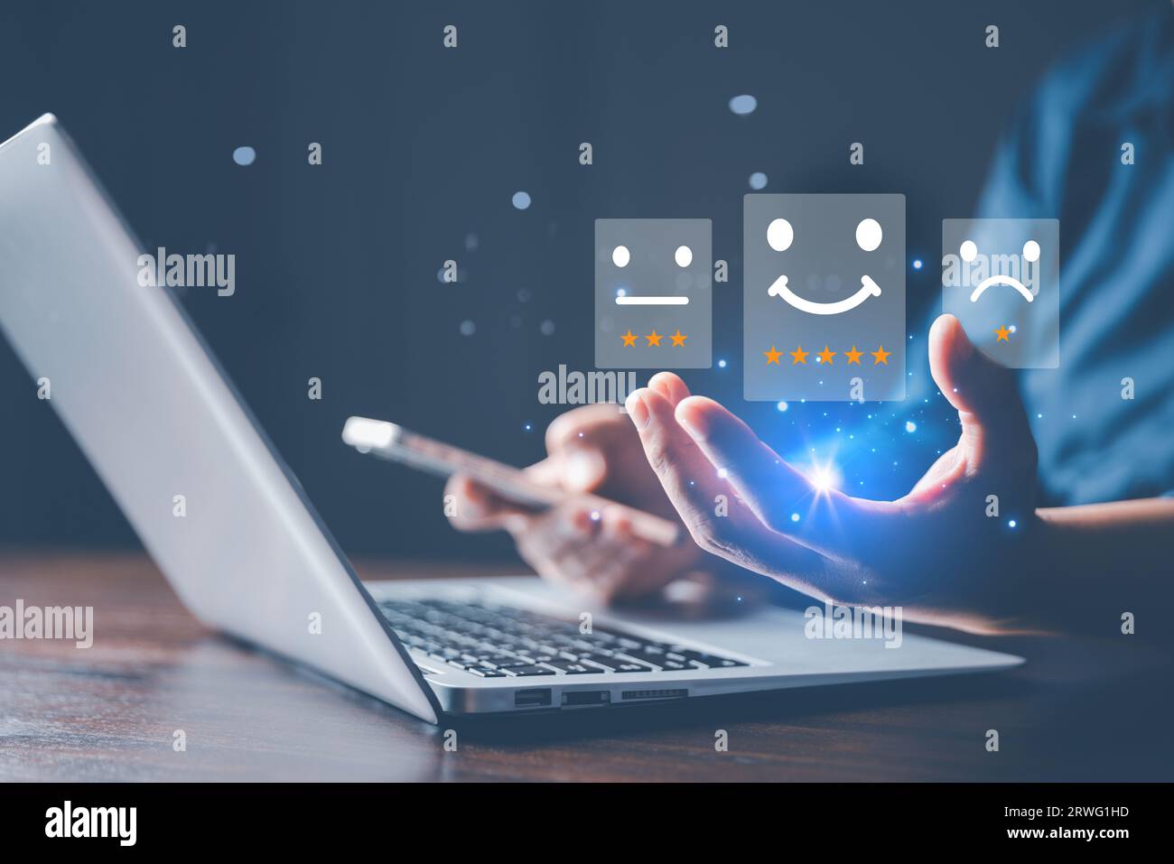 Hand of client show a feedback with smiley face. Service rating ...