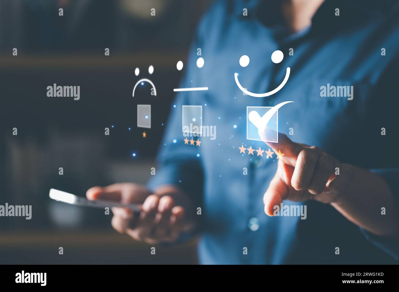 Hand of client show a feedback with smiley face. Service rating ...