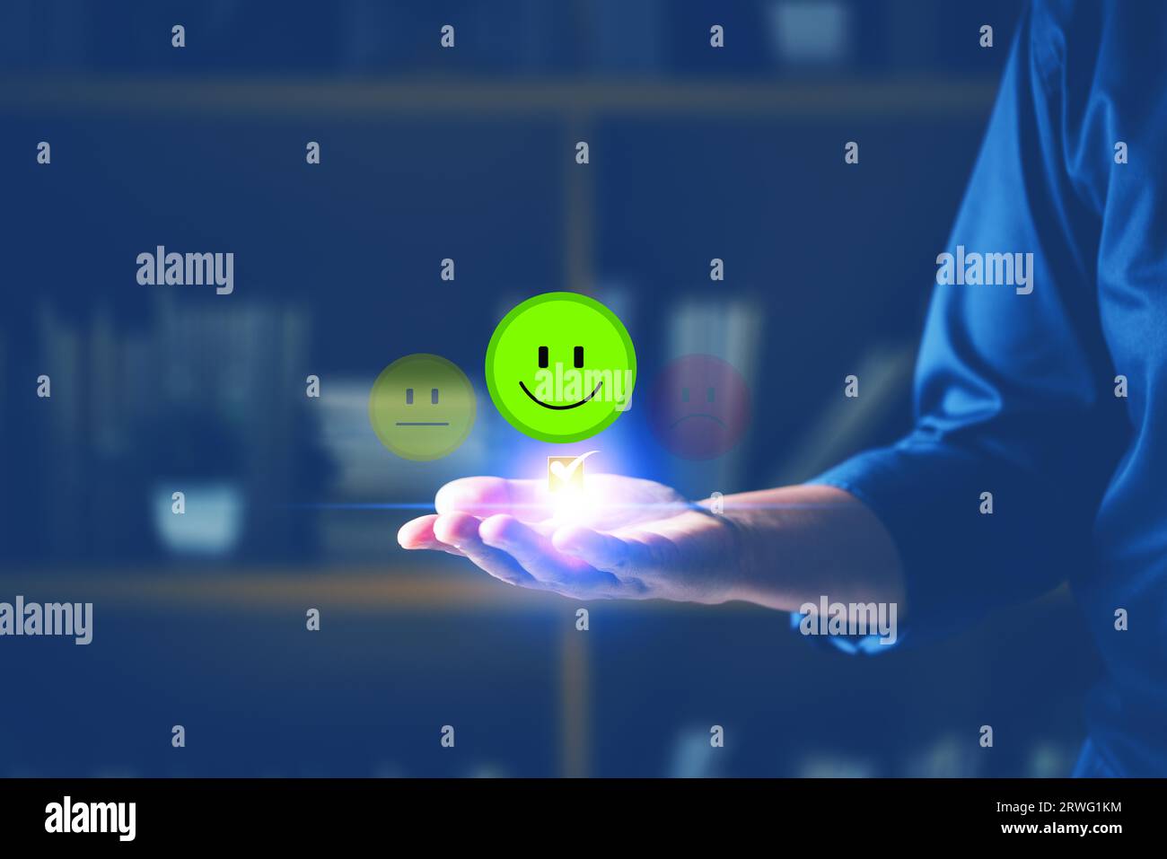 Hand of client show a feedback with smiley face. Service rating ...