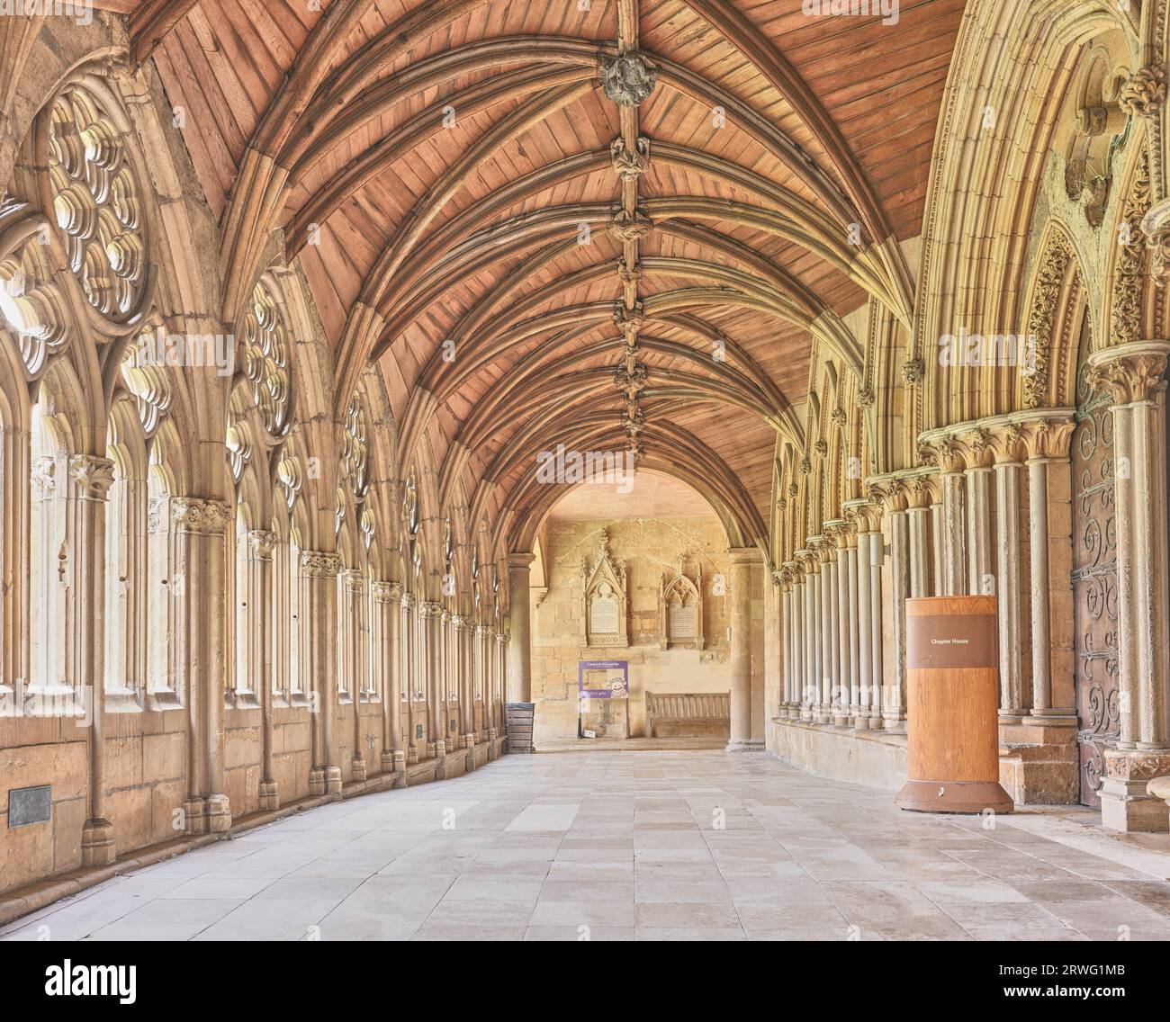 Covered walkway in the cloister of the norman built medieval cathedral ...