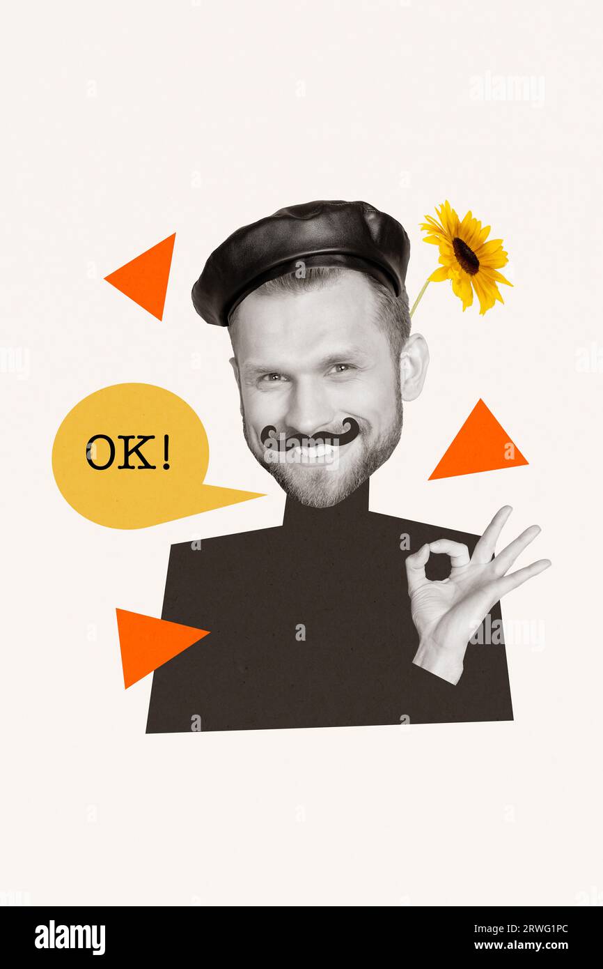 Photo collage artwork minimal picture of funky guy showing okey gesture ...