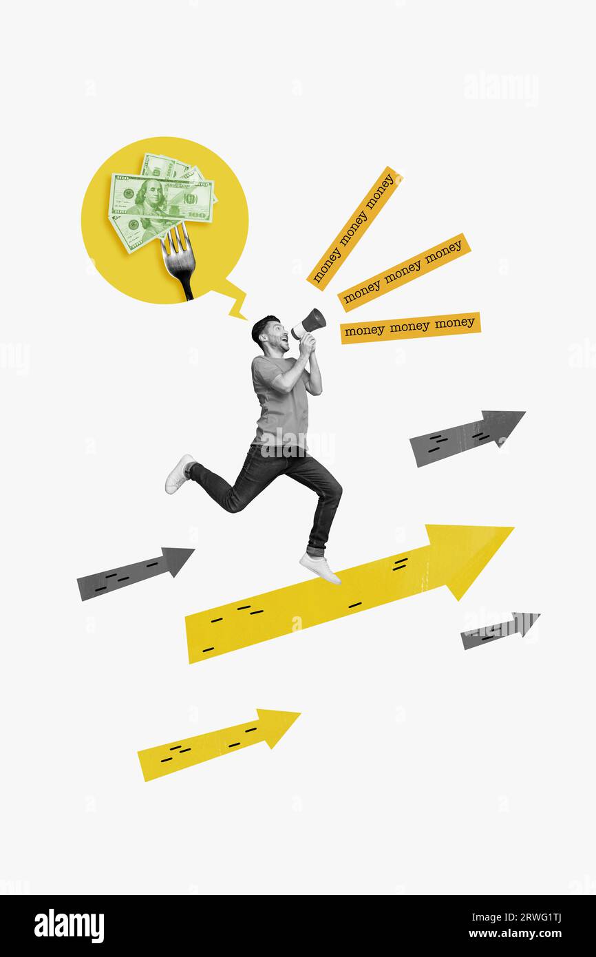 Vertical collage image of crazy mini black white effect guy jump run ...