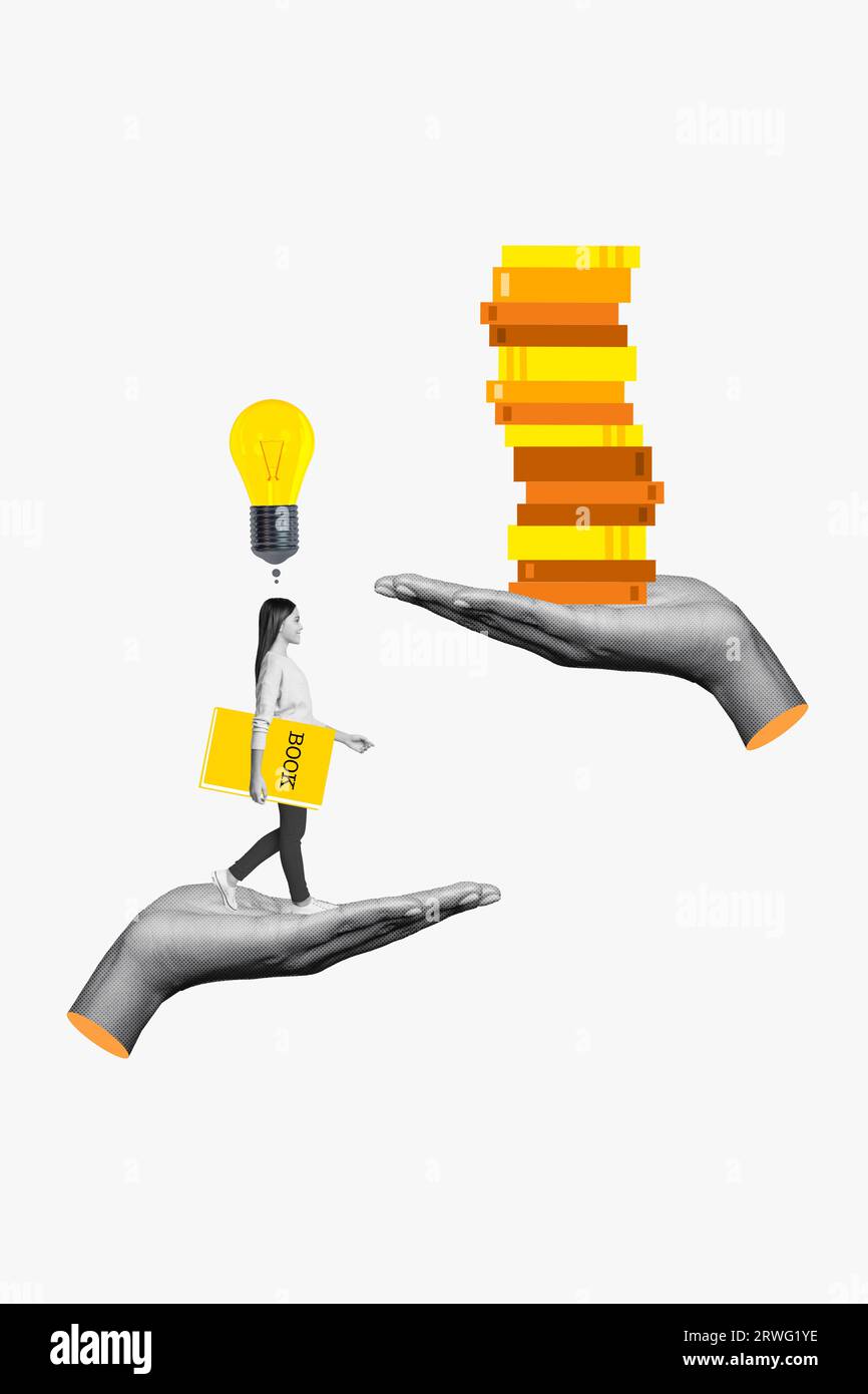 Vertical Collage Of Two Black White Effect Arms Hold Pile Stack Book Mini Walking Girl Light