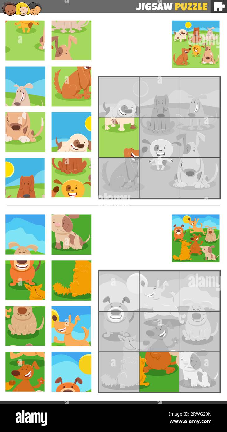 Cartoon illustration of educational jigsaw puzzle activities set with ...