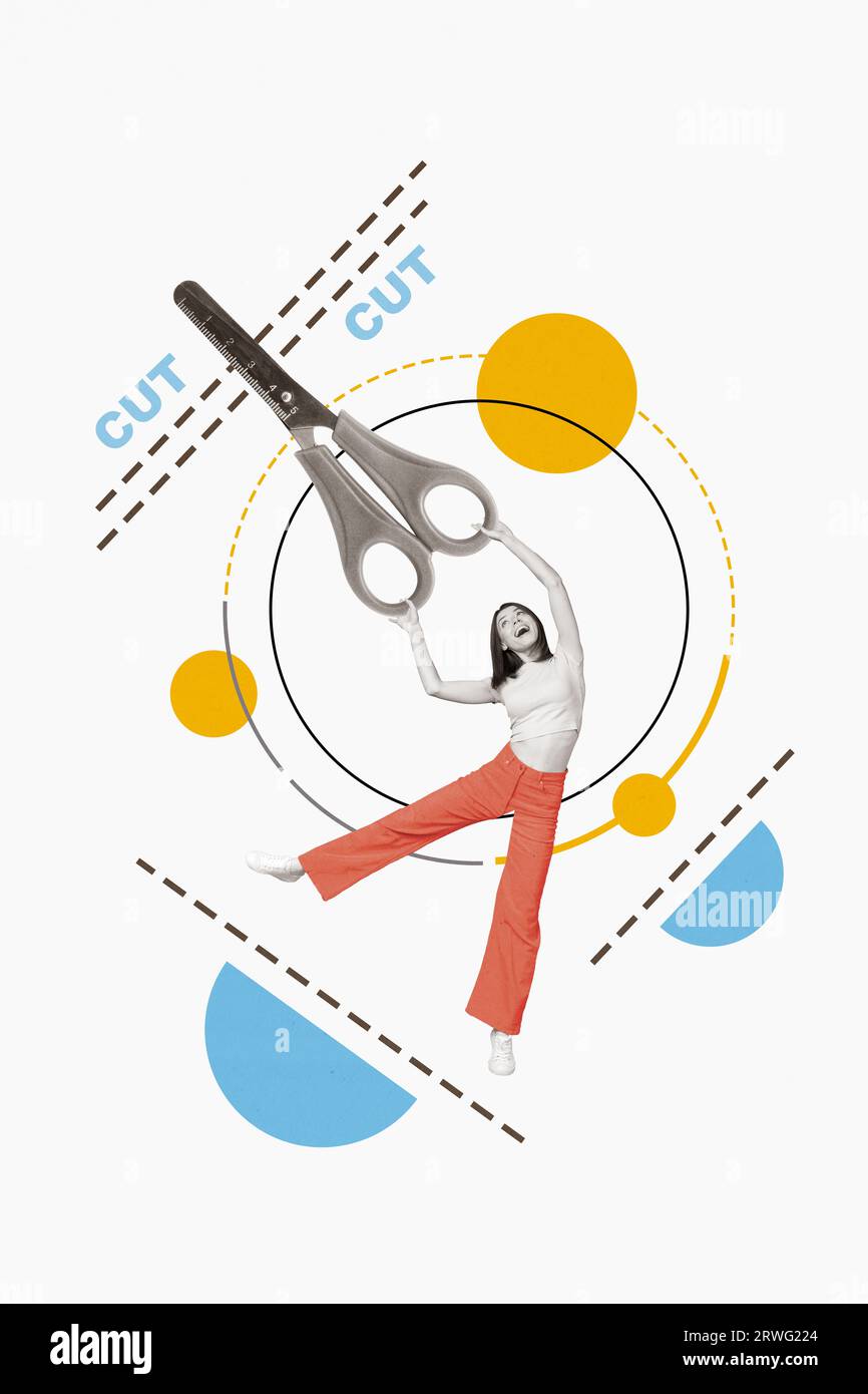 Vertical collage image of excited mini black white effect girl arms ...