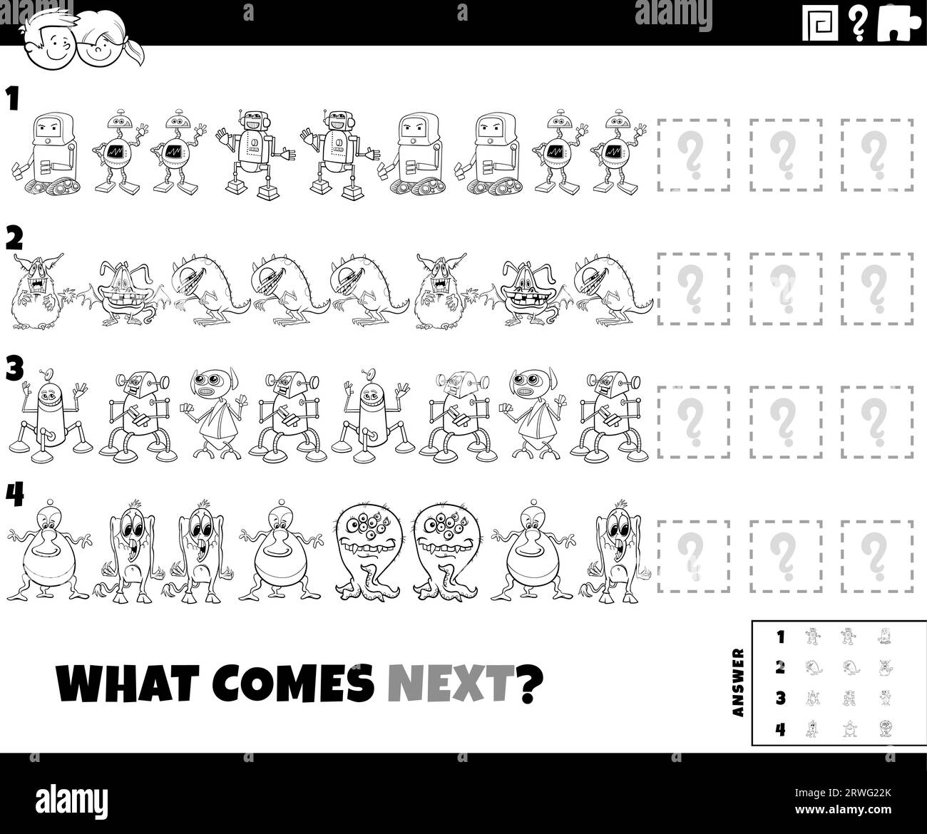 Black and white cartoon illustration of completing the pattern ...