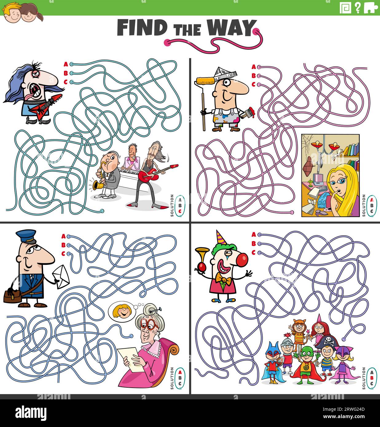 Cartoon illustration of find the way maze puzzle games set with people ...