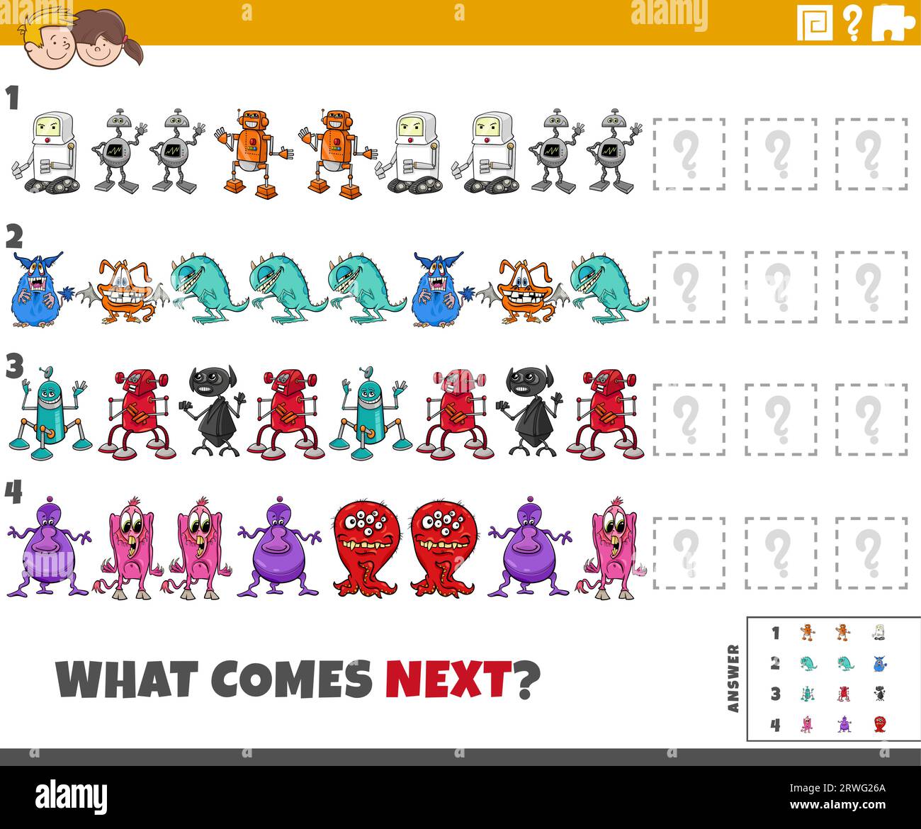 Cartoon illustration of completing the pattern educational game for ...