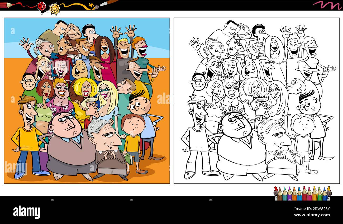 Cartoon illustrations of funny crowd of people comic characters group ...