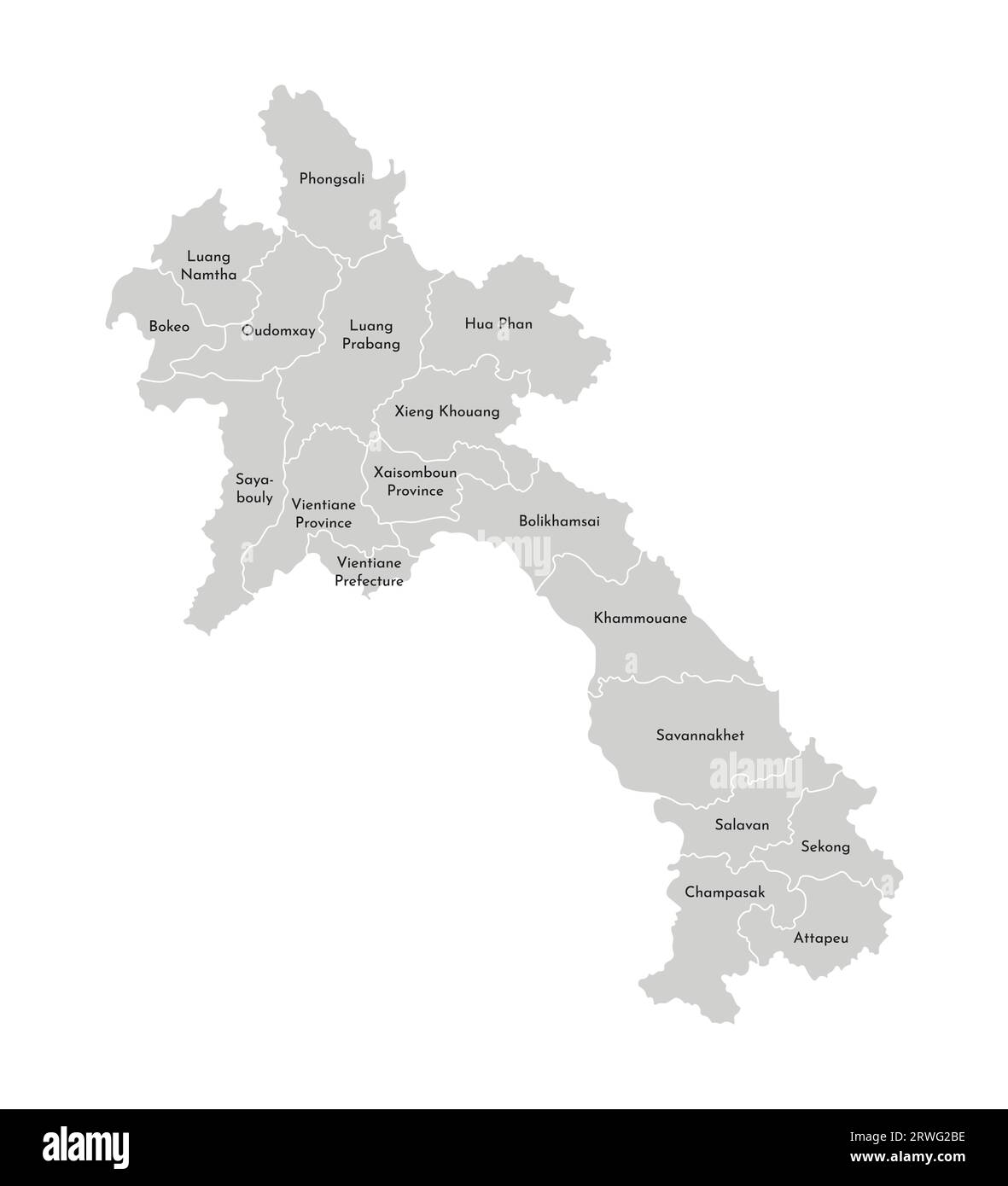 Vector isolated illustration of simplified administrative map of Laos. Borders and names of the ...
