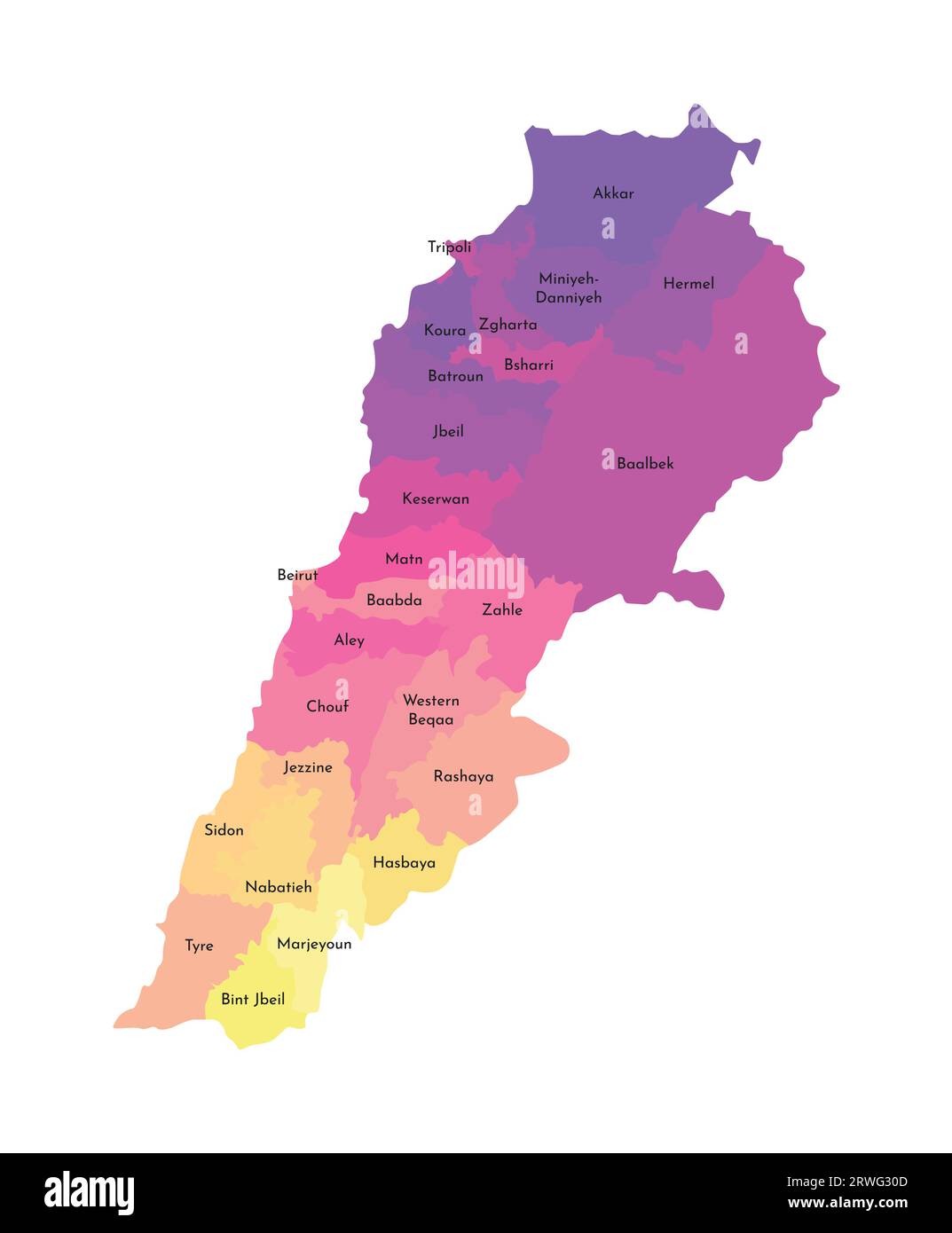 Vector isolated illustration of simplified administrative map of Lebanon. Borders and names of ...