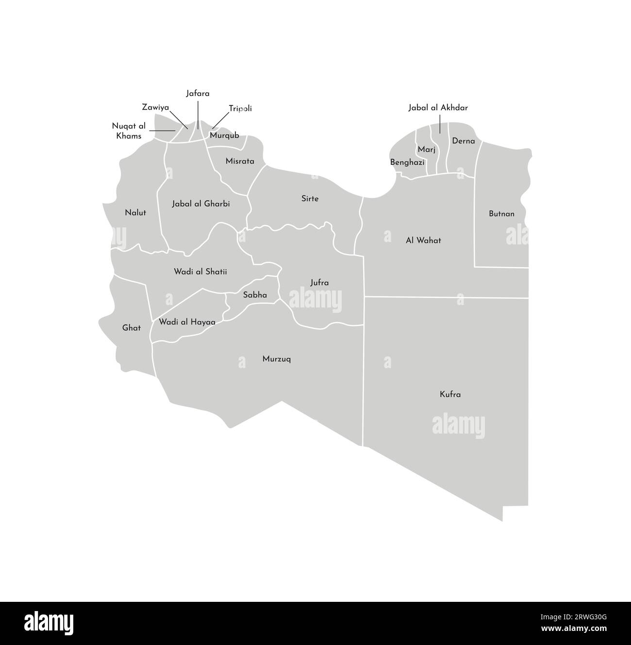 Vector isolated illustration of simplified administrative map of Libya. Borders and names of the ...
