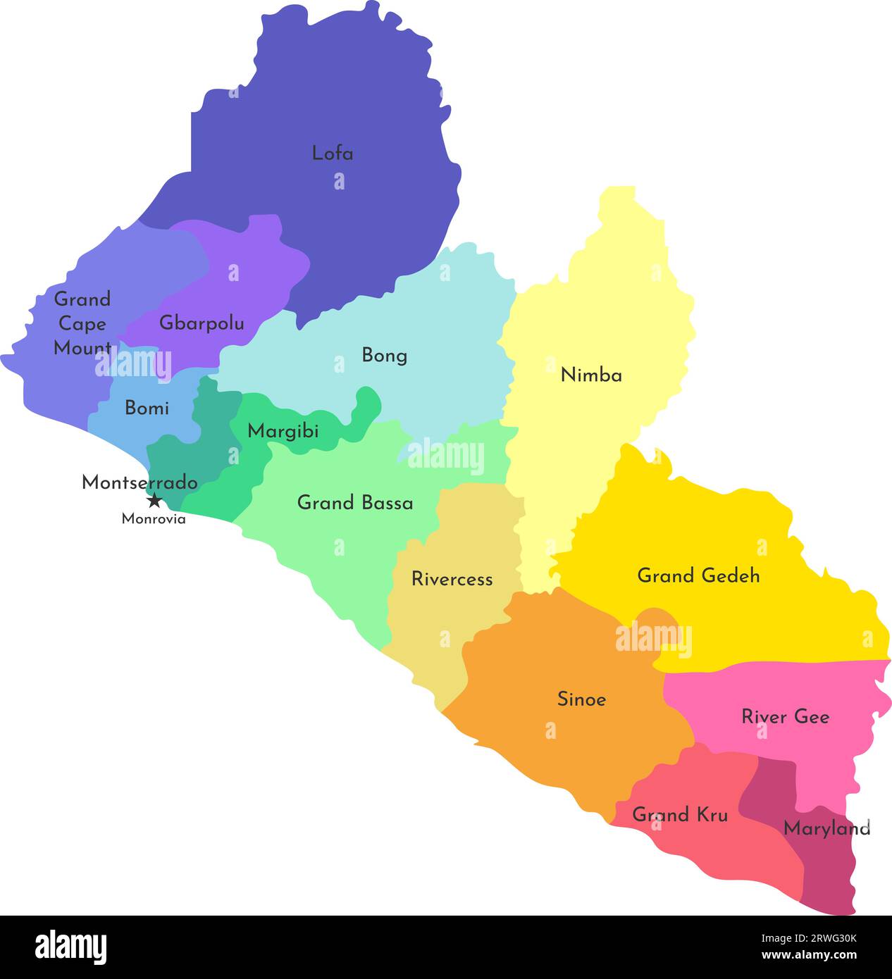 Vector isolated illustration of simplified administrative map Liberia. Borders of the counties ...