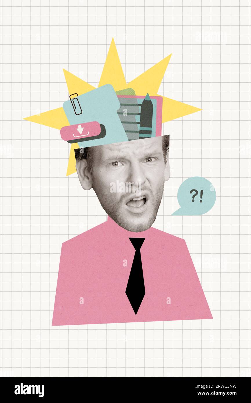 Vertical collage of minded black white effect guy exclamation question ...