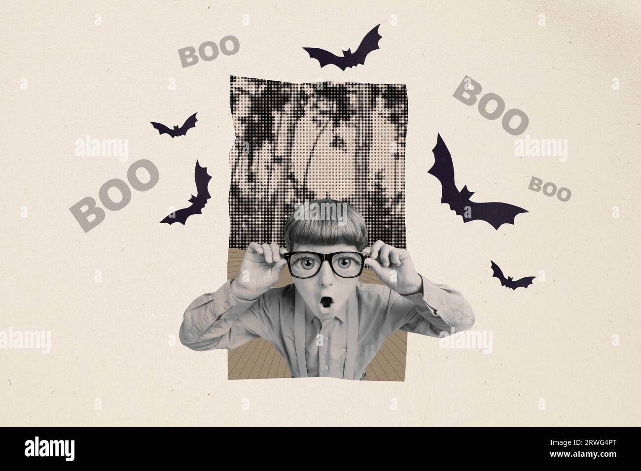 Creative composite photo collage of frightened shocked kid touching ...