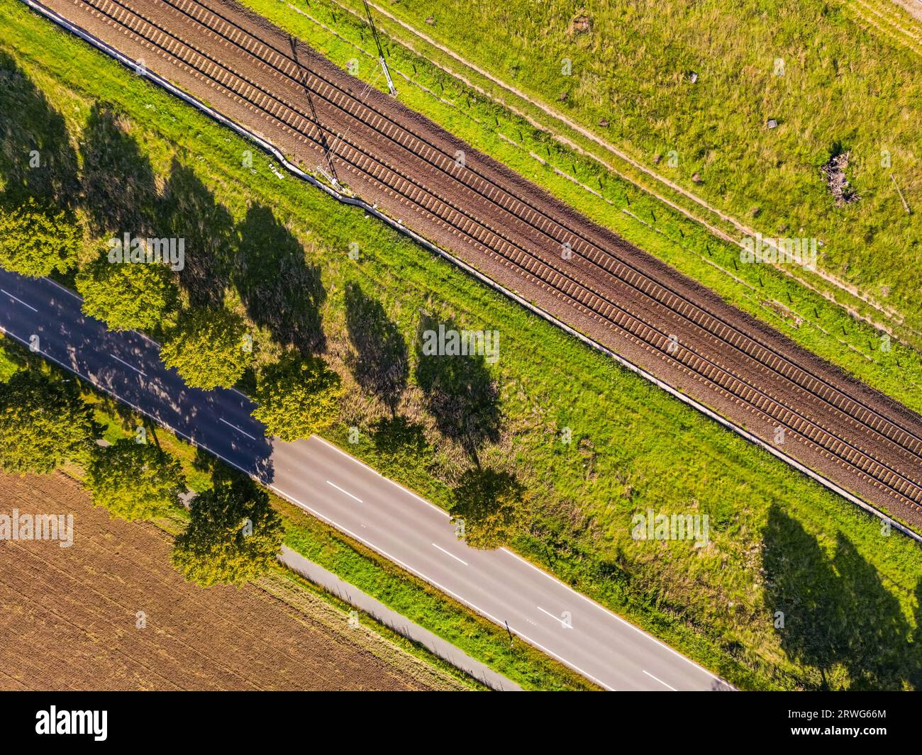 A road, trees and a railroad line directly from above as an aerial view ...
