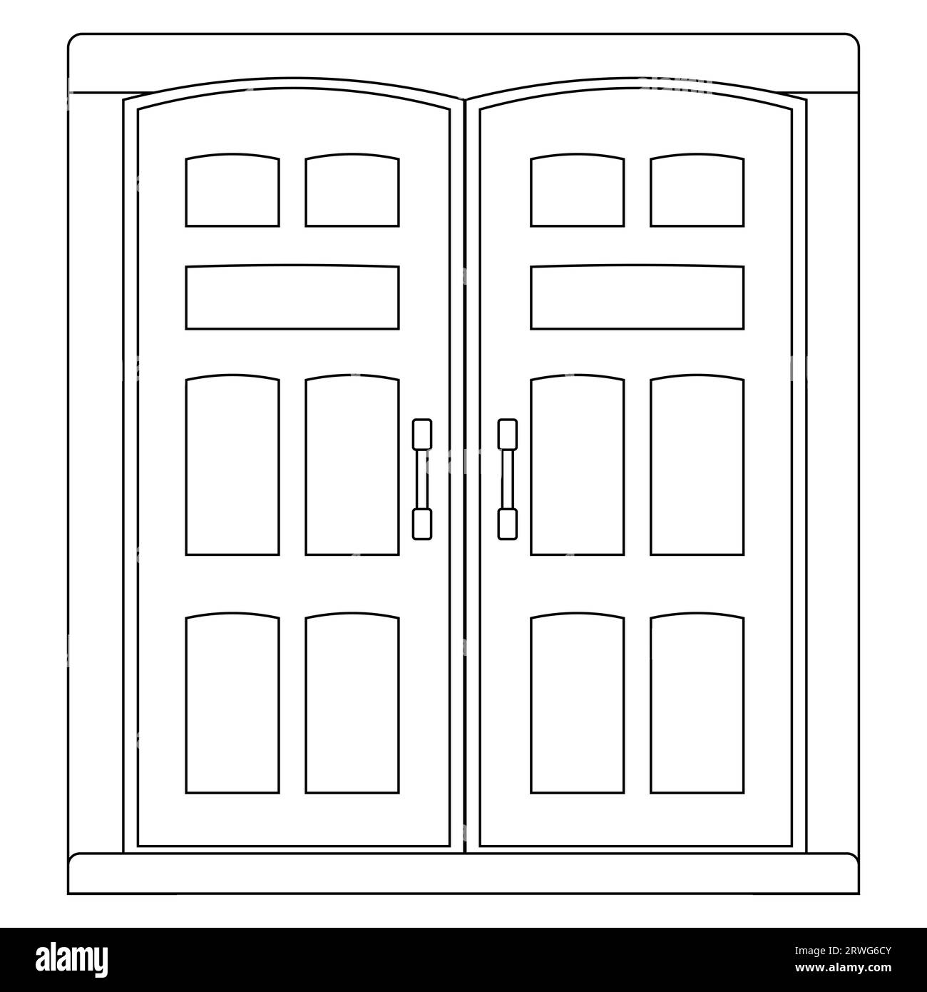 Double doors outline with door knobs isolated on white background ...