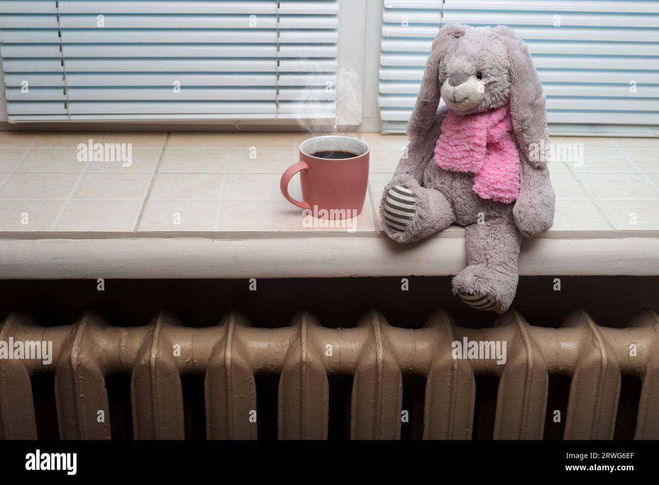 Coffee cup and soft toy sitting on windowsill over hot water heater ...