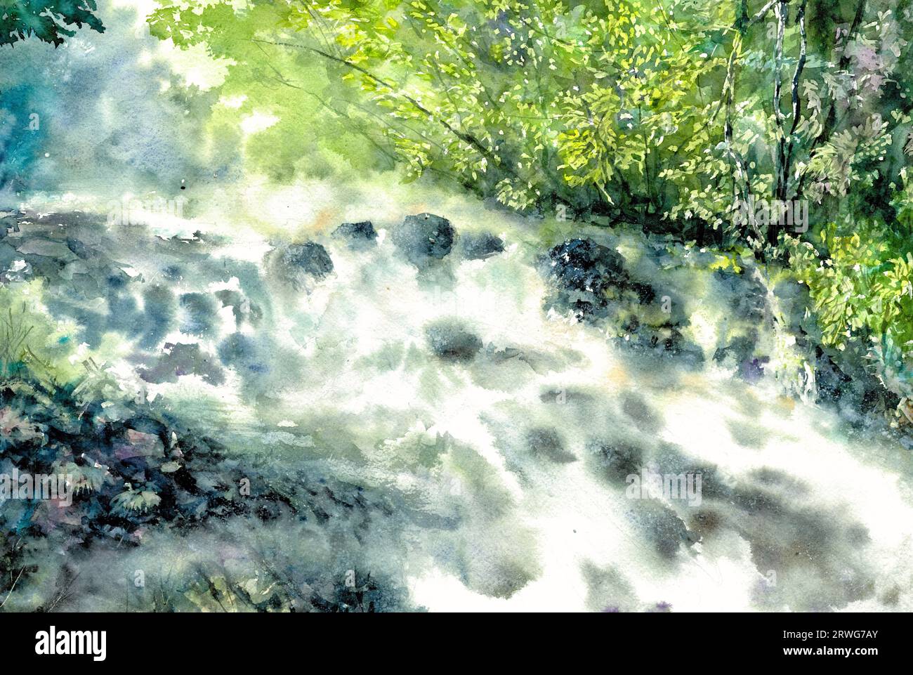 Waterfall Large Hand drawn Paper Scan Watercolor Painting Stock Artist ...