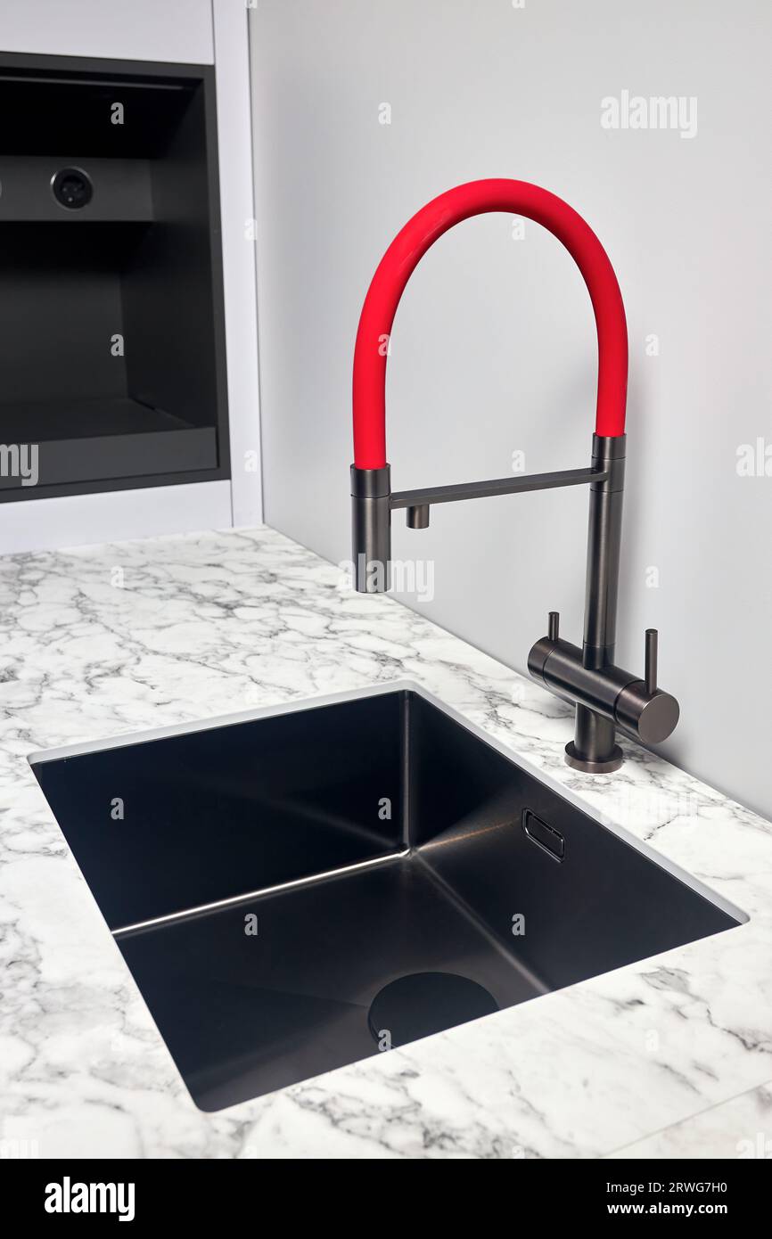 Compact undermount square stainless steel sink with red tap in ...
